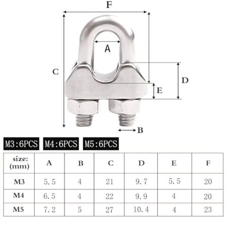 Abrazaderas para cables de acero (18 unidades), de acero inoxidable 304, con perno en U, para ...