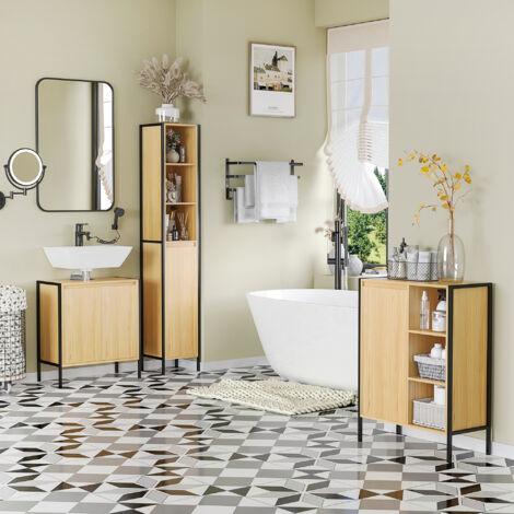 Gagner de la place avec ce meuble sous lavabo noir et bois double porte ...