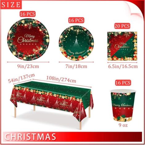 Service de table de Noël en papier 69 pièces, 1 nappe, 16 assiettes ...
