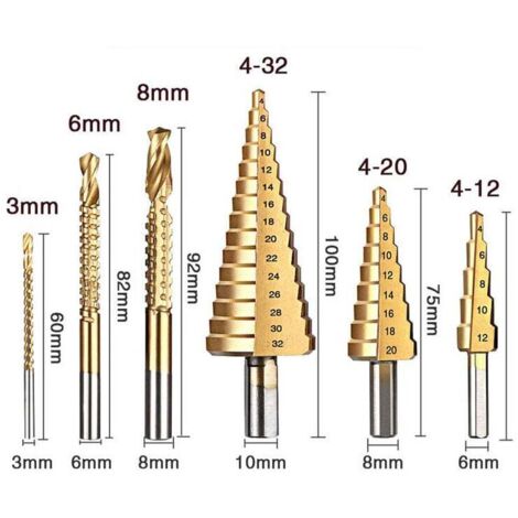 Jeu de 6 Forets Etagés, HSS Inox Metal , 4-12/20/32mm 3 6 8mm，Triangle ...