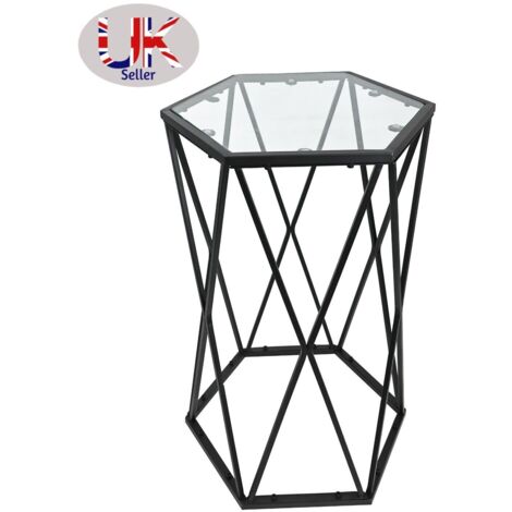 Coffee Table for Living Room Hexagon Glass Tables with Black Metal Frame