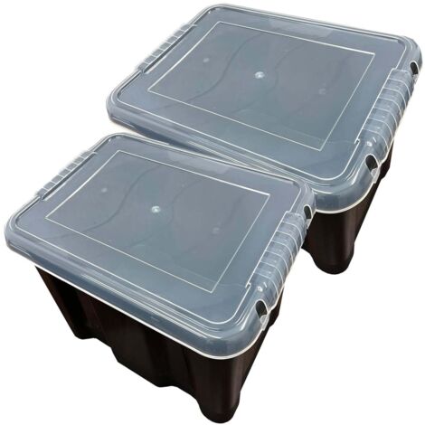 3 x 24 Litre Large Black Plastic Storage Box With See Through Lids