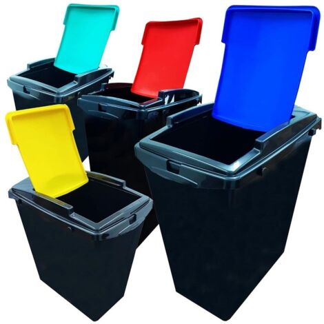 Set of 3 40L Black Base Recycling Waste Utility Interlocking Bins With ...