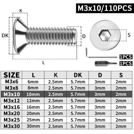 110 viti a testa svasata M3 x 10 mm in acciaio inox DIN 7991 / ISO ...