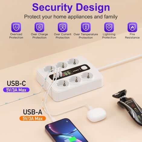 Regleta de 6 enchufes con puertos USB, regleta 12 en 1 con 5 puertos ...
