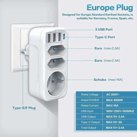 Regleta de pared USB-C de 4000 W con 3 puertos USB + Tipo-C, 1 toma ...