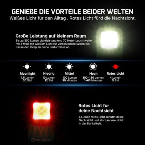 Mini linterna LED OLIGHT Oclip con luz roja, 300 lúmenes, recargable ...