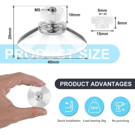 Juego de 20 ventosas con rosca y tuercas moleteadas M5, ventosa roscada transparente de 40 mm ...