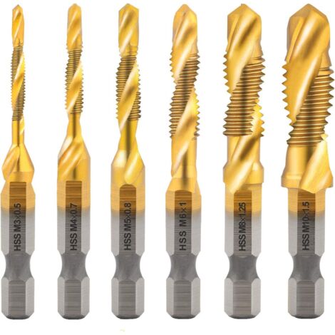 Set of 6 high-speed steel tapered taps with hexagonal shank and metric ...