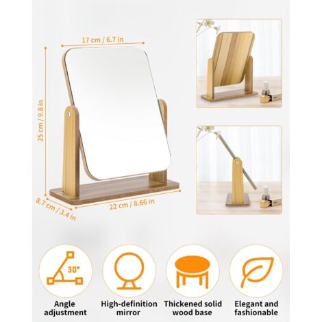Small Wooden Desk Mirror, 25 x 22 cm, 360-Degree Rotating Tabletop ...