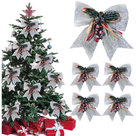 Set of 5 Silver Christmas Bows, Christmas Glitter Bow with Pine Cones ...