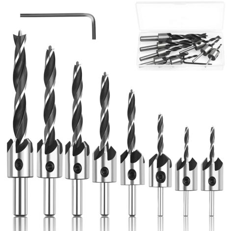 Wood Drill Bit Set with Countersink, 8 Pcs HSS Steel Conical Wood Drill ...