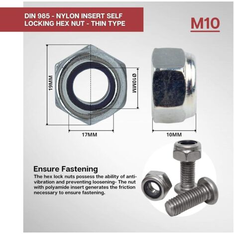 Zinc Plated Steel Lock Nut M10 PACK 25 Locking Nuts Hexagonal Locking ...