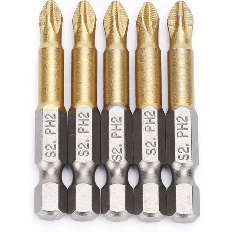 Set of 5 50mm PH2 1/4" Magnetic Anti-Slip Screwdriver Bits with Hex ...