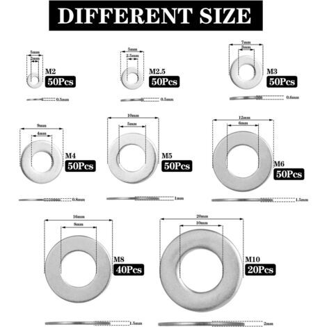 360-Piece Stainless Steel Flat Washers Assortment Kit, M2 M2.5 M3 M4 M5 ...