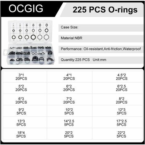 O-Ring-Set, 225-teiliges Sortiment an Gummi-O-Ringen mit schwarzem Koffer