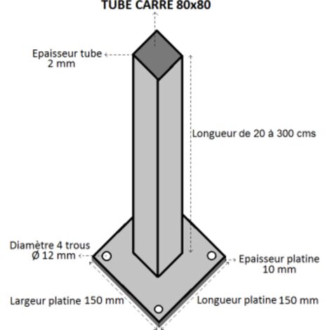 Poteau acier carré 80x80x2 - Hauteur 20 cms