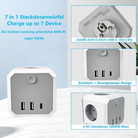 Mehrfachsteckdose ohne Kabel, 4 Fach Steckdosenleiste mit 2 USB A und 1 ...