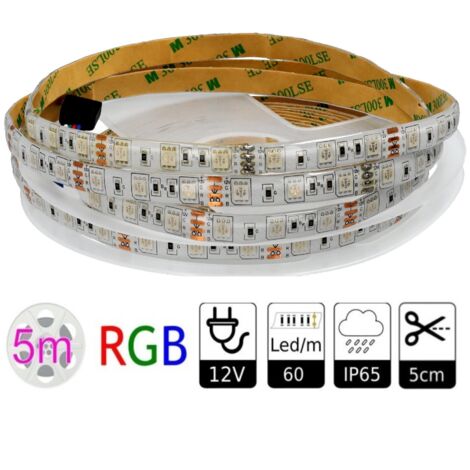Tira led 12V RGB 60 leds/metro exterior IP65 SMD5050 Bobina 5 mts