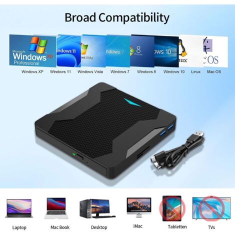 Externes CD DVD VCD Laufwerk, 5 in 1 USB Ultra Slim tragbarer Player Brenner,Typ C/USB 3.0 ...