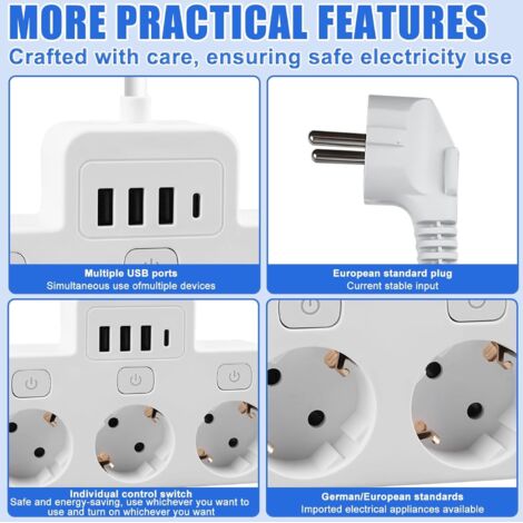Rallonge multiprise à 3 prises - 4000 W - 16 A - USB - Multiprise avec ...