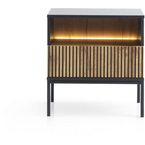 Table de chevet moderne avec façade cannelée, 54×56×39 cm, Noir / Chêne ...