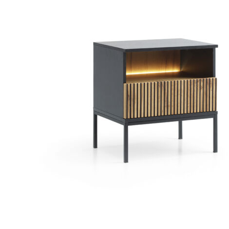 Table de chevet moderne avec façade cannelée, 54×56×39 cm, Noir / Chêne ...