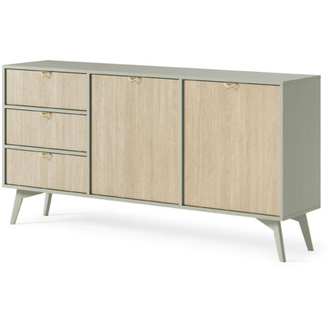 Commode : Eucalyptus / Chevrons scandi, Pieds Bois, 158 × 80 × 38cm