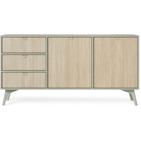 Commode : Eucalyptus / Chevrons scandi, Pieds Bois, 158 × 80 × 38cm