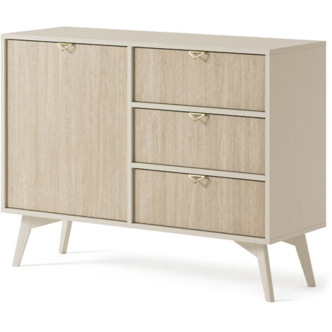 Commode : Beige Sable / Chevrons scandi, Pieds Bois, 106 × 80 × 38cm