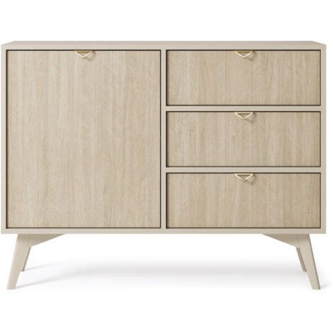 Commode : Beige Sable / Chevrons scandi, Pieds Bois, 106 × 80 × 38cm