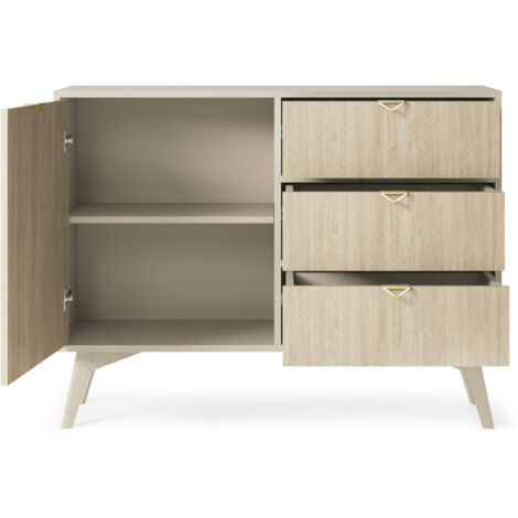 Commode : Beige Sable / Chevrons scandi, Pieds Bois, 106 × 80 × 38cm