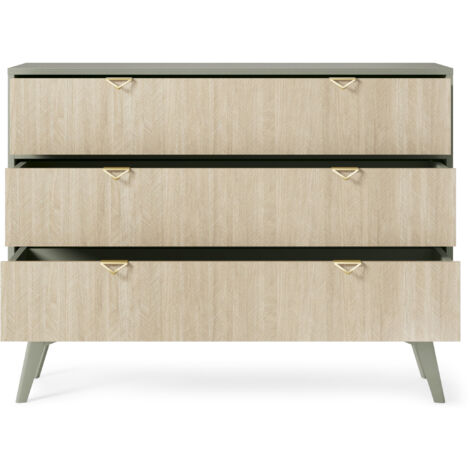 Commode : 3 Tiroirs, Eucalyptus / Chevrons scandi, Pieds Bois, 106 × 80 ...