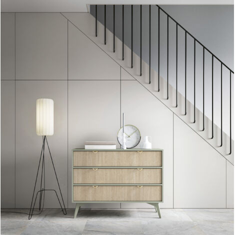 Commode : 3 Tiroirs, Eucalyptus / Chevrons scandi, Pieds Bois, 106 × 80 ...