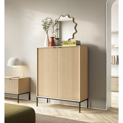 Commode : 2 Portes, chêne Vicenza, Noir, 104 x 125 x 39 cm, poignées Noires