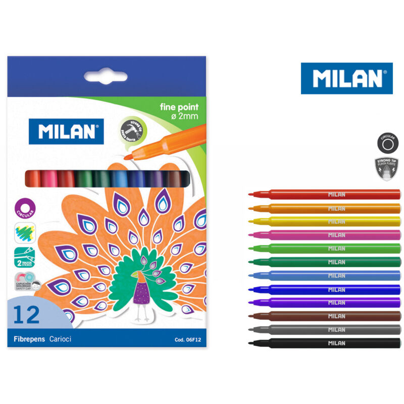 Feutres Milan - fins, 12 couleurs, pour le dessin et la calligraphie