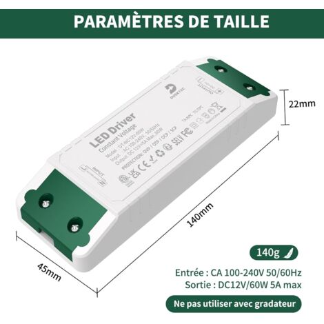 Transformateur 220V 12V LED 60W Driver Alimentation 5A, Conducteur ...