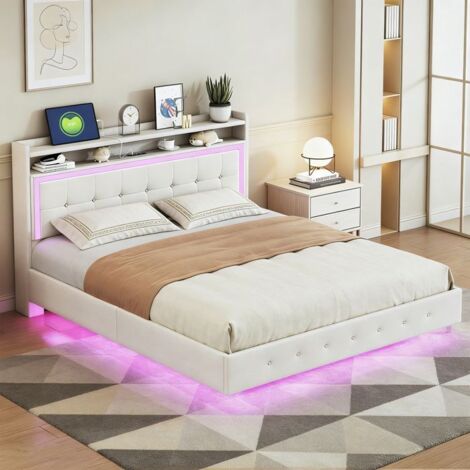 NEXU Structure de Lit Double, 160 x 200 cm, Lit Flottant, Lit avec LED ...