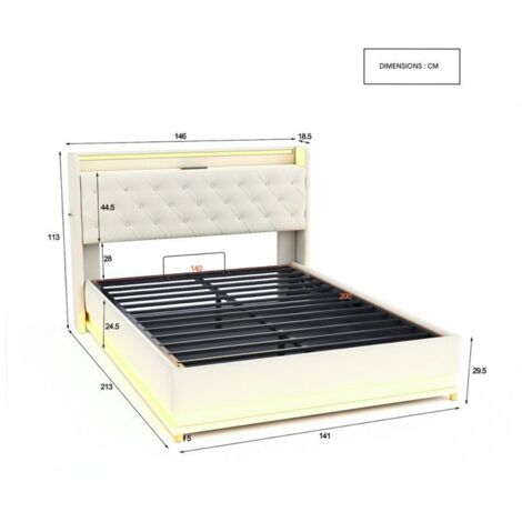 Lit 140x190 CM - NEXU - avec LED et USB - Lit Coffre avec Rangement et ...