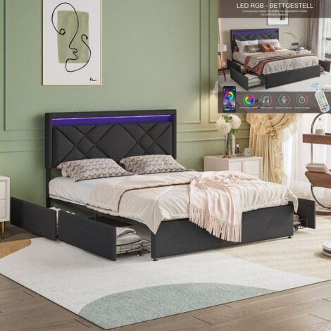 Lit 160x200 cm avec LED et charge USB Type C, lit Queen 160x200 cm avec ...