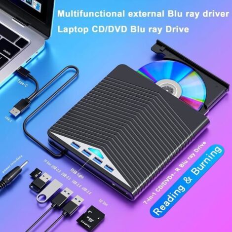 Lecteur Graveur DVD CD Externe USB 3.0 Portable - - 7 en 1 - Noir ...