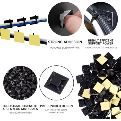 Kit de 100 Serre-Câbles avec Supports Auto-Adhésifs 20 x 20 mm pour ...