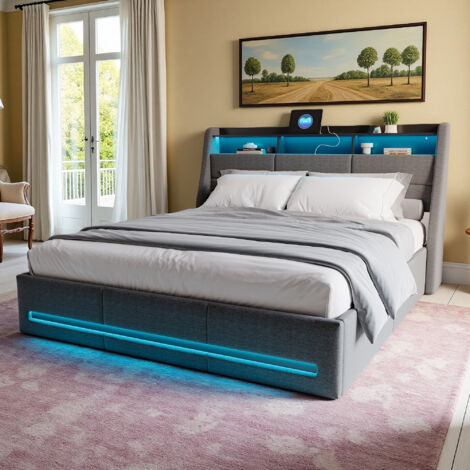Lit 160x200 cm - Tissu en Lin - LED et USB - Sommier à 12 lattes - lit ...