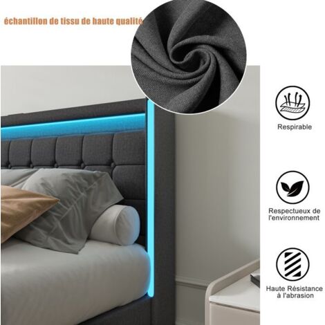 Lit Double 140x200 - Beige - 4 Tiroirs - LED RGB - USB/Type-C - Design ...