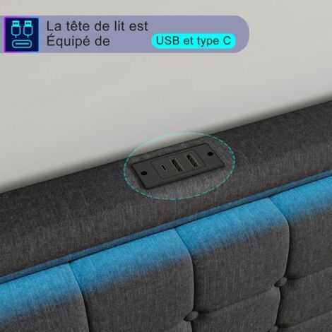 Lit Double 140x200 - Beige - 4 Tiroirs - LED RGB - USB/Type-C - Design ...