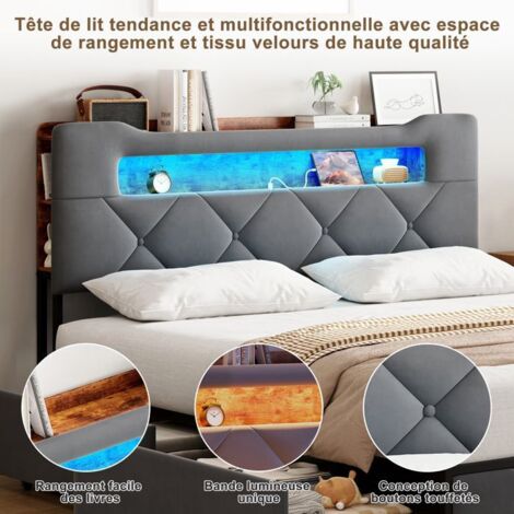 Lit Double 140x200 - Lumière LED RGB- Chargeur USB - 4 Tiroirs - Lit ...