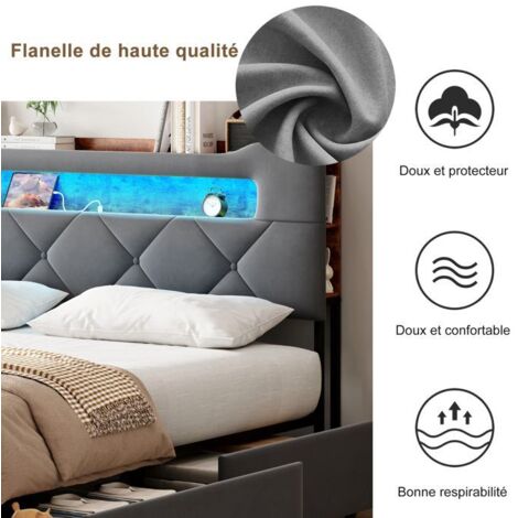 Lit Double 140x200 - Lumière LED RGB- Chargeur USB - 4 Tiroirs - Lit ...