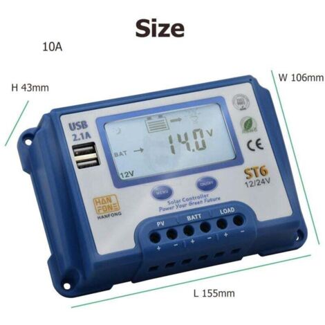10A Régulateur de Charge Solaire 12V/24V Contrôleur de Charge Solaire ...
