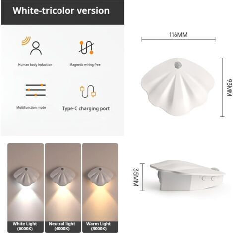 Veilleuse à capteur, détecteur de mouvement, LED, chargement USB, 3 ...