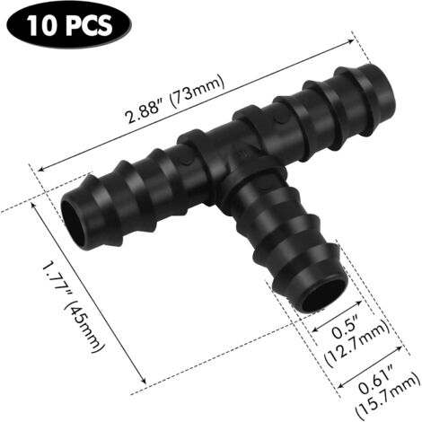 Lot de 10 raccords de tuyau en T 16 mm (1/2"), en plastique noir, pour ...